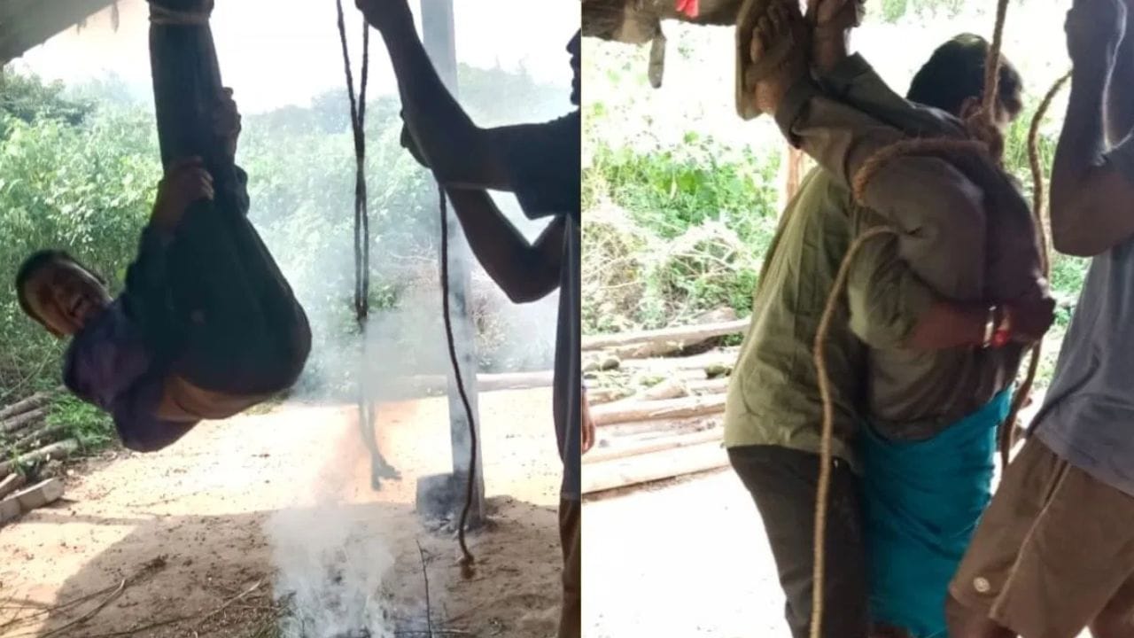 Video: দড়ি দিয়ে পা বেঁধে উল্টে ঝুলিয়ে দিয়ে নীচে জ্বালিয়ে দেওয়া হল ...